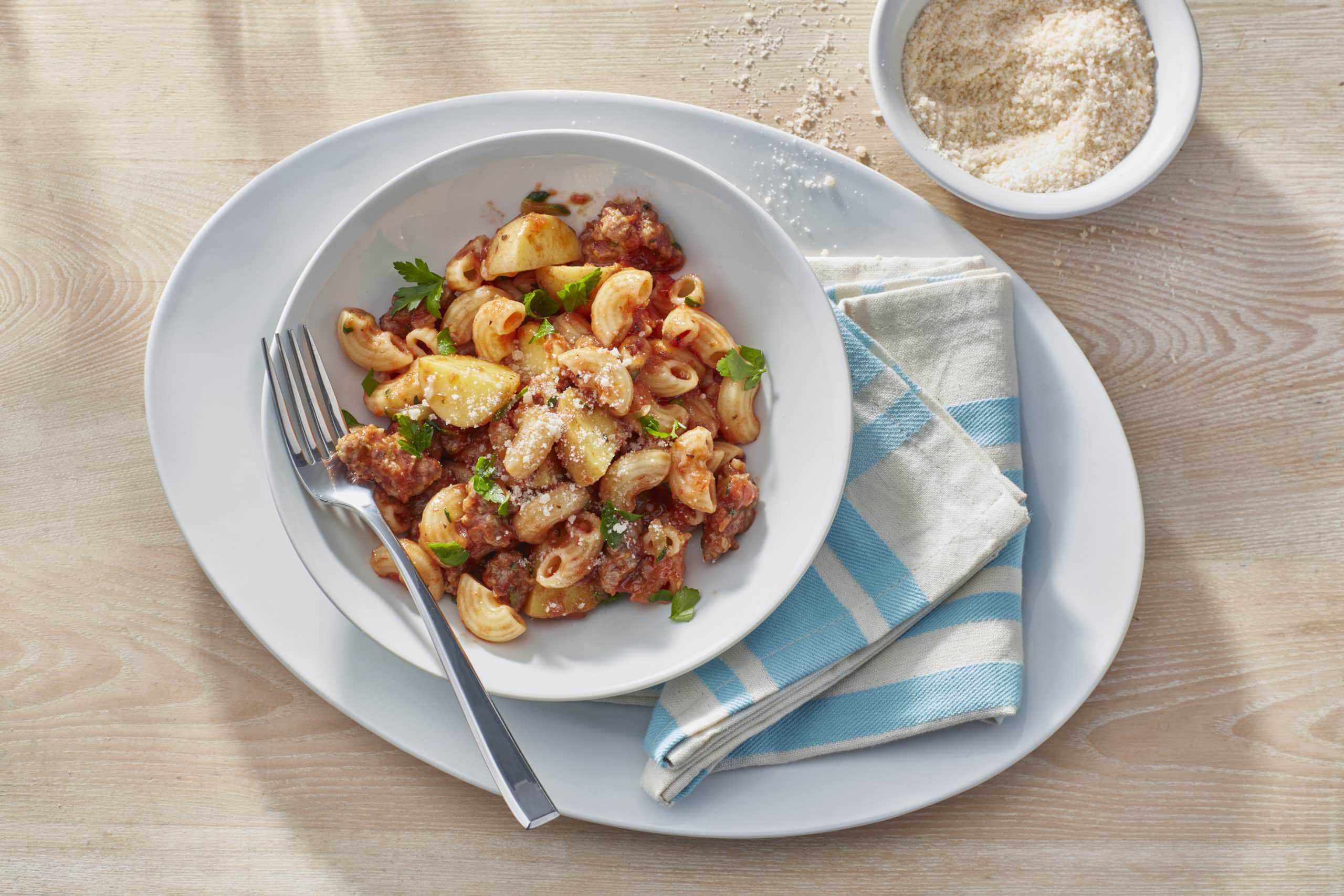 Saucy Macaroni & Potato Meatballs